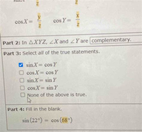 solved z z cos x y z cos y x 2 part 2 in xyz ∠ x and ∠ y are complementary part 3 selec
