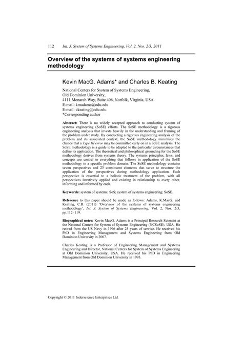 Pdf Overview Of The Systems Of Systems Engineering Methodology