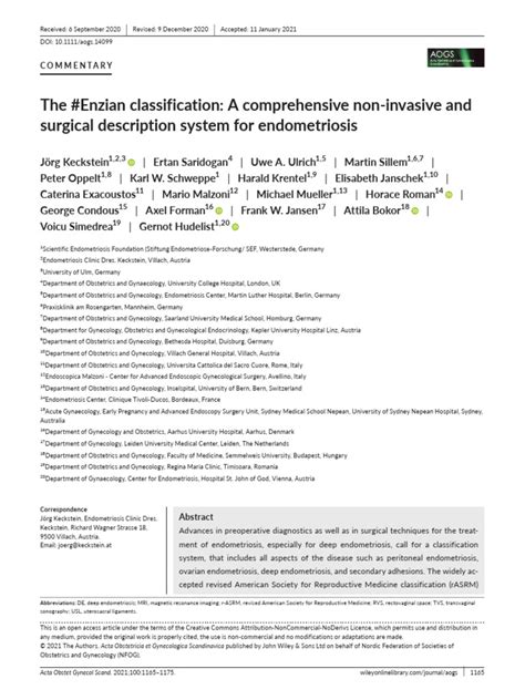 The Enzian Classification A Comprehensive Non‐invasive And Surgical