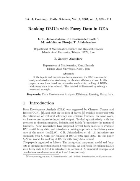 Pdf Ranking Dmus With Fuzzy Data In Dea