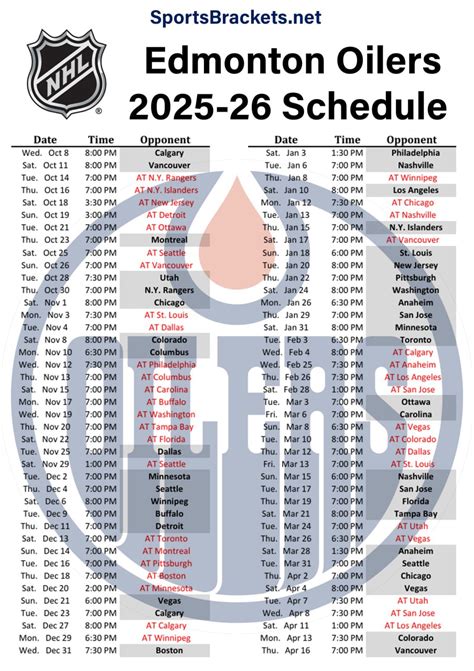 2025 26 Edmonton Oilers Schedule Printable Pdf Format Sports Brackets