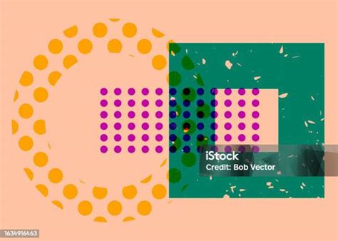 Risograph 인쇄 질감 스타일의 다채로운 기하학적 모양 트렌디한 리소 그래프 디자인의 오브제 간단한 기하 도형 요소 0명에 대한 스톡 벡터 아트 및 기타 이미지