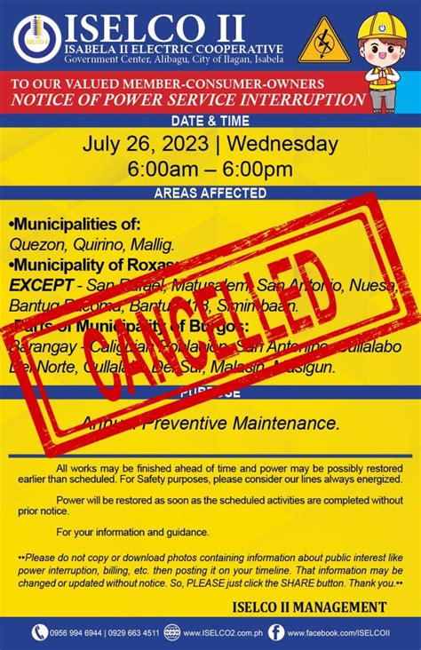 Notice Of Cancelation For Iselco Ii Scheduled Power Interruption