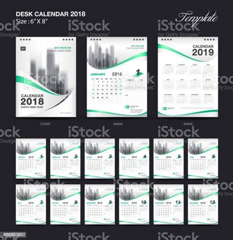 데스크 캘린더 2018 템플릿 디자인 녹색 표지 12 개월 사업 일정 아이디어의 설정 12에 대한 스톡 벡터 아트 및 기타 이미지 12 달력 월 Istock