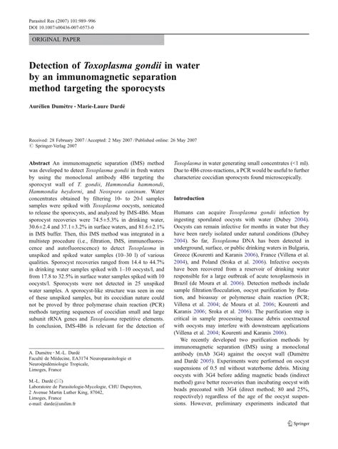 Pdf Detection Of Toxoplasma Gondii In Water By An Immunomagnetic