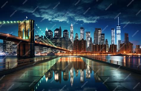 Brooklyn Bridge And Manhattan Skyline At Night New York City Premium