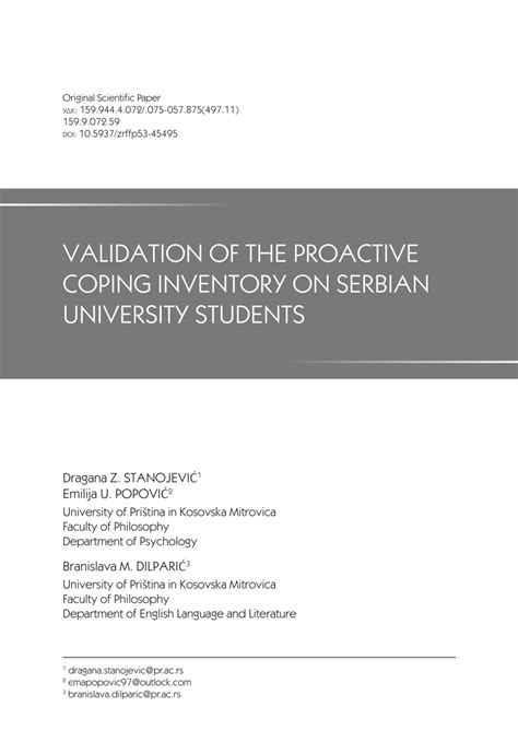 Pdf Validation Of The Proactive Coping Inventory On Serbian