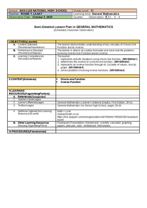 Detailed Lesson Plan One To One Function And Inverse Function Co 1