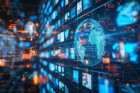 High Tech Control Room With Digital Screens Displaying Global Data Business Analytics And