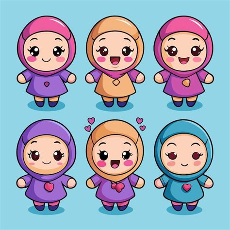 귀여운 히자브 치비 만화 스티커 프리미엄 Ai 생성 벡터
