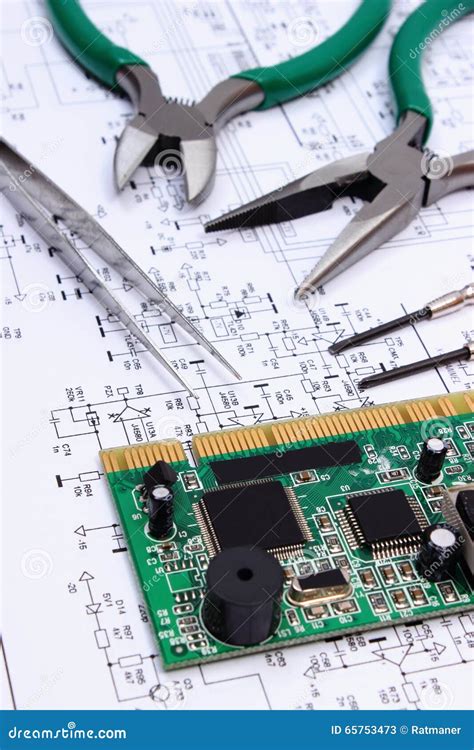 Printed Circuit Board And Precision Tools On Diagram Of Electronics Technology Stock Image