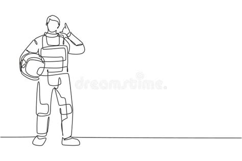 Single Continuous Line Drawing Astronaut Stands With Call Me Gesture Wearing Space Suit