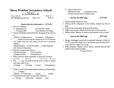 Class 10 Building Construction Exam Pdf Foundation Engineering