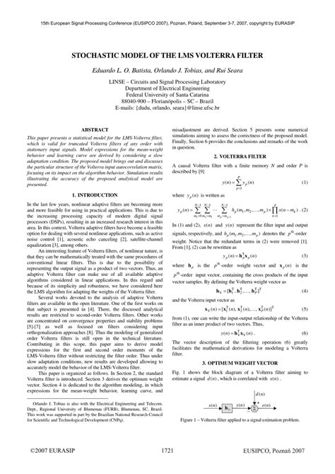 Pdf Stochastic Model Of The Lms Volterra Filter