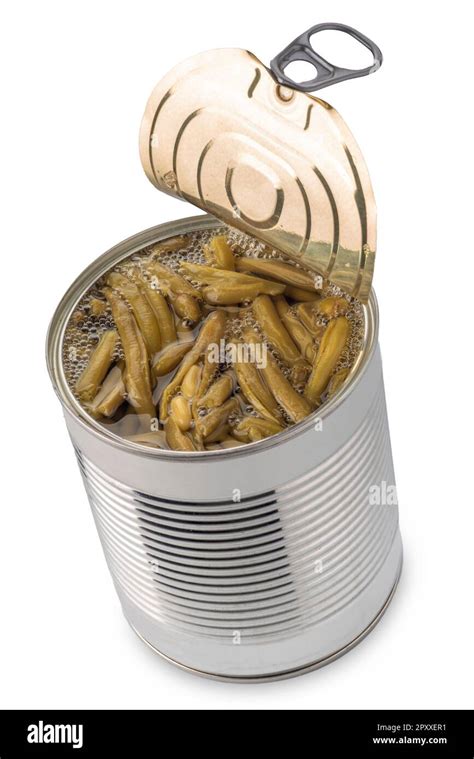 Open Food Tin Can With Pickled Green Beans Isolated On White Clipping Path Included Stock