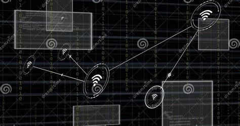 Image Of Connected Icons And Computer Language In Squares Over Black Background Stock