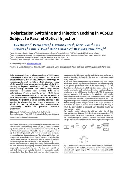 Pdf Polarization Switching And Injection Locking In Vertical Cavity Surface Emitting Lasers