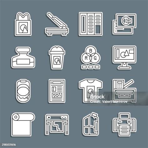 라인 프린터 복사기 컴퓨터 모니터 화면 브로셔 커피 컵 이동 잉크 병 종이 쇼핑백 및 Rgb 색상 혼합 아이콘을 설정합니다 벡터 Cmyk에 대한 스톡 벡터 아트 및 기타