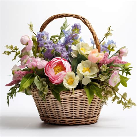 Premium Photo Wicker Basket With Beautiful Spring Flowers On White Background