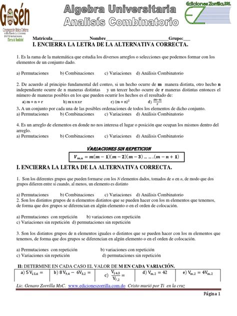 Practica Analisis Combinatorio Mat 121 Pdf Permutación Conjunto Matemáticas