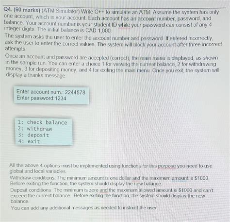 Solved Q4 60 Marks Atm Simulator Write C To Simulate
