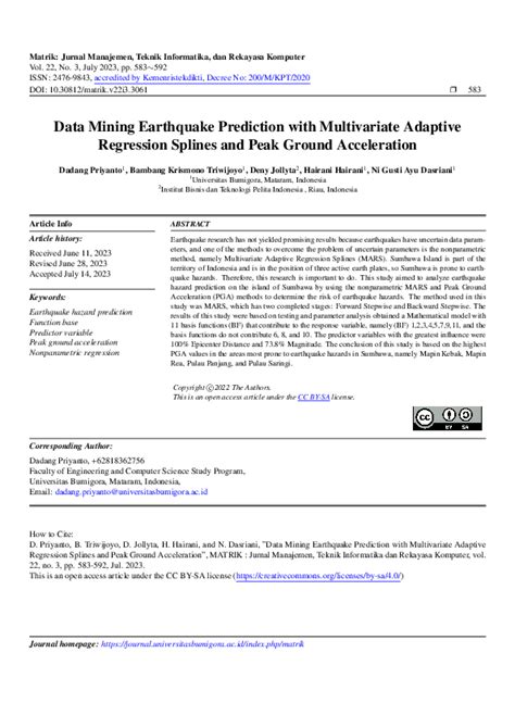 Pdf Data Mining Earthquake Prediction With Multivariate Adaptive Regression Splines And Peak