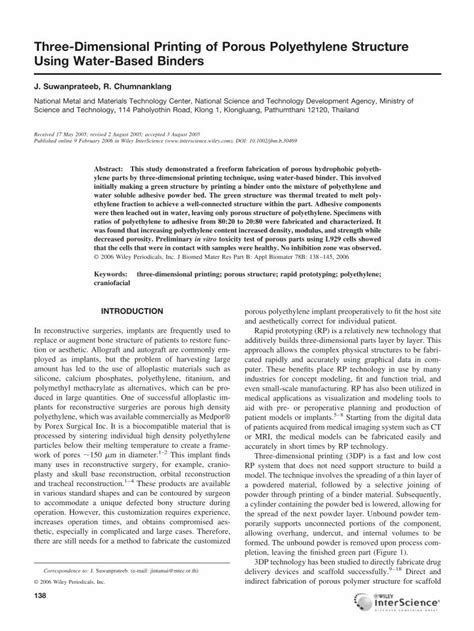 Pdf Three Dimensional Printing Of Porous Polyethylene Structure Using Water Based Binders