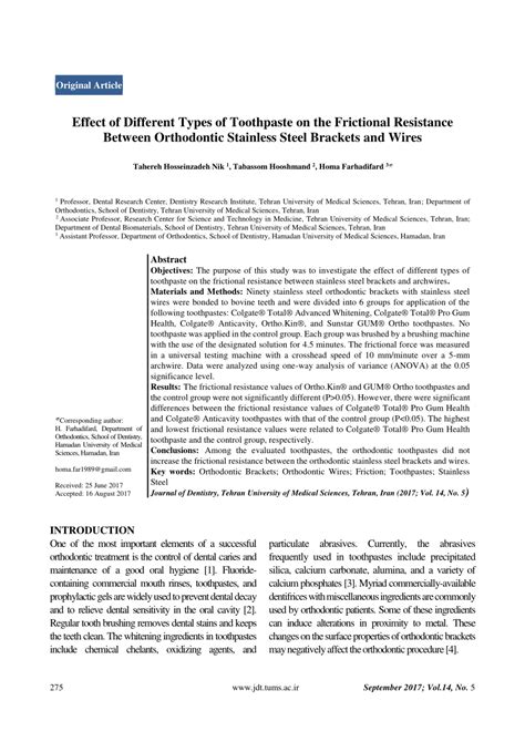 Pdf Effect Of Different Types Of Toothpaste On The Frictional Resistance Between Orthodontic