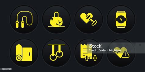 세트 피트니스 매트 롤 에너지 음료 체조 링 스포츠 교육 프로그램 심장이 있는 아령 부러진 무게 심박수 및 점프 로프 아이콘 벡터 건강 진단에 대한 스톡 벡터 아트 및 기타