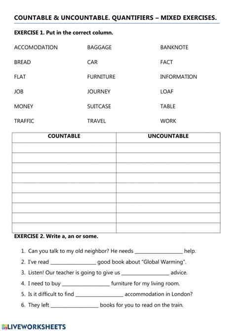 Countable And Uncountable Nouns Quiz Worksheet