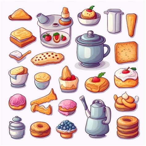 Premium Photo A Set Of Cartoon Breakfast Items Including A Teapot