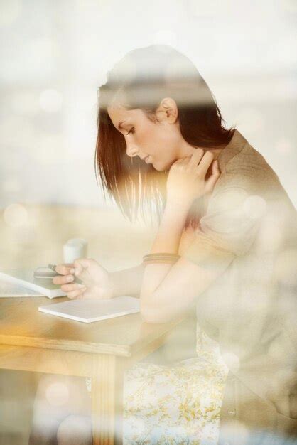 Premium Photo Woman Thinking And Writing In Journal By Desk Coffee Shop And Creative