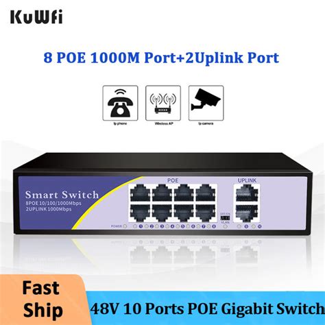 Kuwfi 10 Ports Poe Ethernet Switch 48v Vlan 1000mbps Uplink Plug And