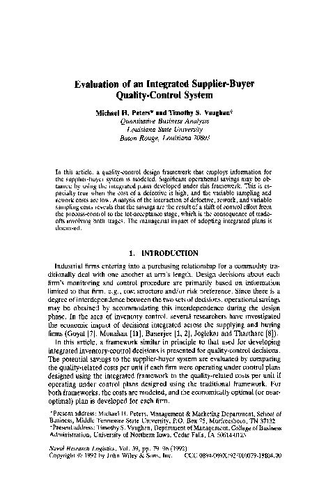 Pdf Evaluation Of An Integrated Supplier Buyer Quality Control System