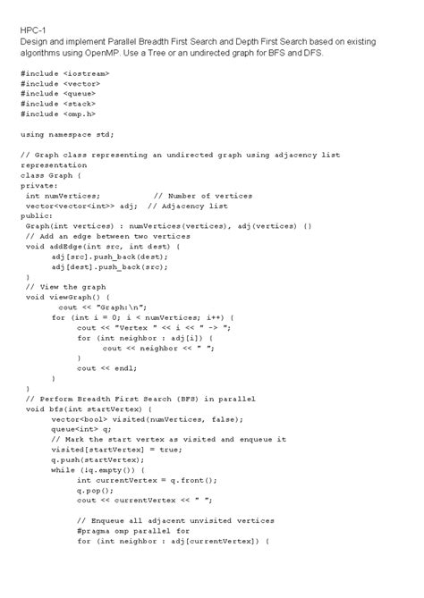 Hpc 1 3 Hpc Design And Implement Parallel Breadth First Search And Depth First Search Based