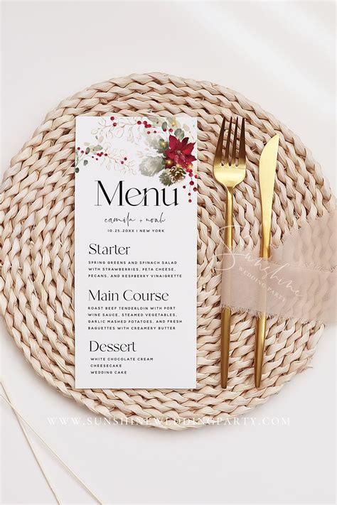 Christmas Menu Template Long Menu Cards For Wedding Bridal Shower