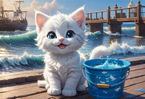 Adorable Kitten On A Sandy Beach By The Sea Enjoying The Sun Stock