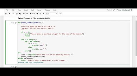 Day 52 Python Program To Print An Identity Matrix Youtube