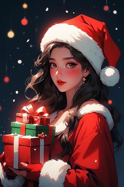 Anime Girl In Christmas Outfit Red Cap And T Box In Her Hand Red