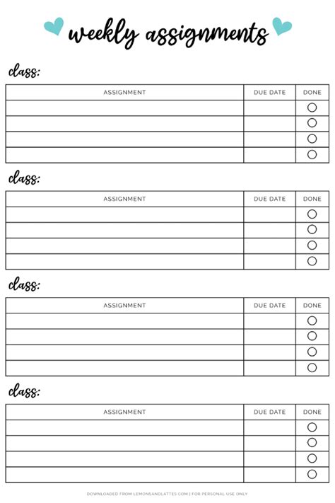 Free Printable Daily Assignment Sheets Free Printables Hub