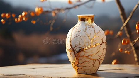 Traditional Japanese Kintsugi Pottery Golden Repair Lines With Unique