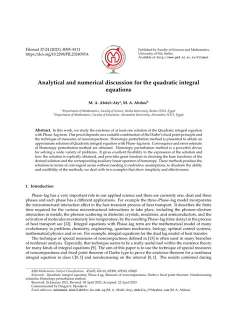 PDF Analytical And Numerical Discussion For The Quadratic Integral Equations