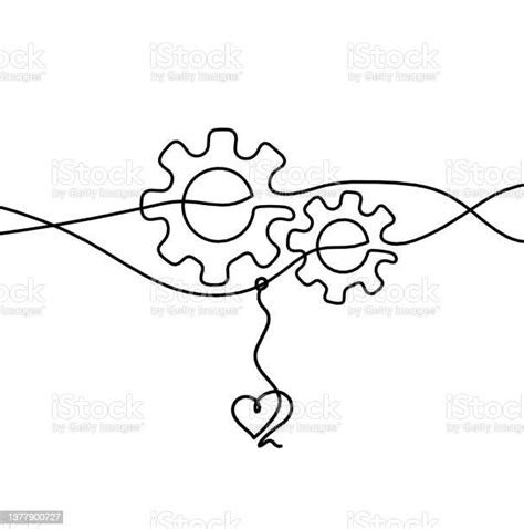 흰색 배경에 라인 그리기로 하트와 추상 둥근 금속 기어 바퀴 개념에 대한 스톡 벡터 아트 및 기타 이미지 개념 개발 격언 Istock