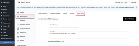 configure quick send notification in otp verification plugin on wordpress