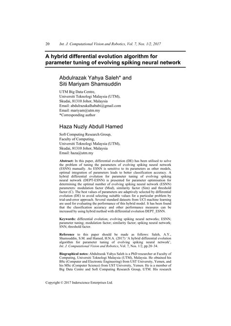 pdf a hybrid differential evolution algorithm for parameter tuning of