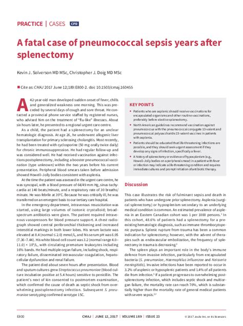 Pdf A Fatal Case Of Pneumococcal Sepsis Years After Splenectomy