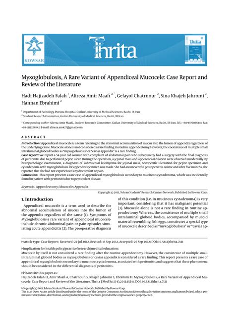 Pdf Myxoglobulosis A Rare Variant Of Appendiceal Mucocele Case Report And Review Of The