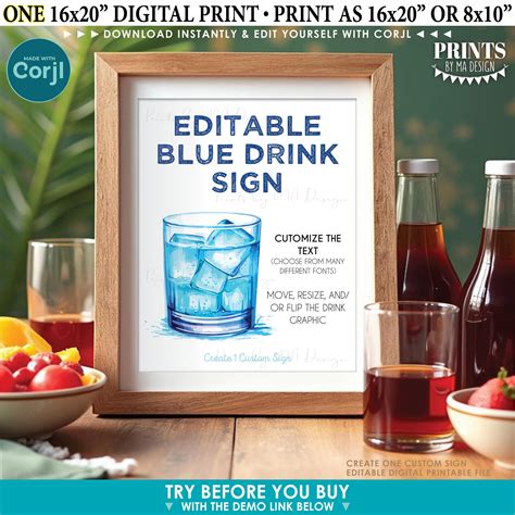 Editable Blue Cocktail Sign Blue Lagoon Hawaiian Signature Drink