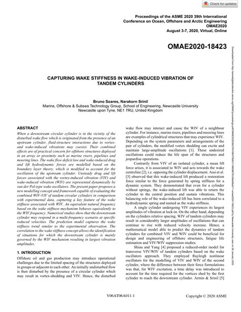 Pdf Capturing Wake Stiffness In Wake Induced Vibration Of Tandem Cylinders