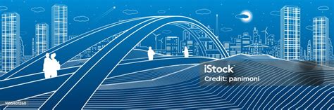 보행자 다리에 걷는 사람들 도시 스카이 라인 현대 밤 마입니다 인프라 일러스트 도시 현장입니다 파란색 배경에 흰색 라인입니다 벡터 디자인 아트 개념에 대한 스톡 벡터 아트